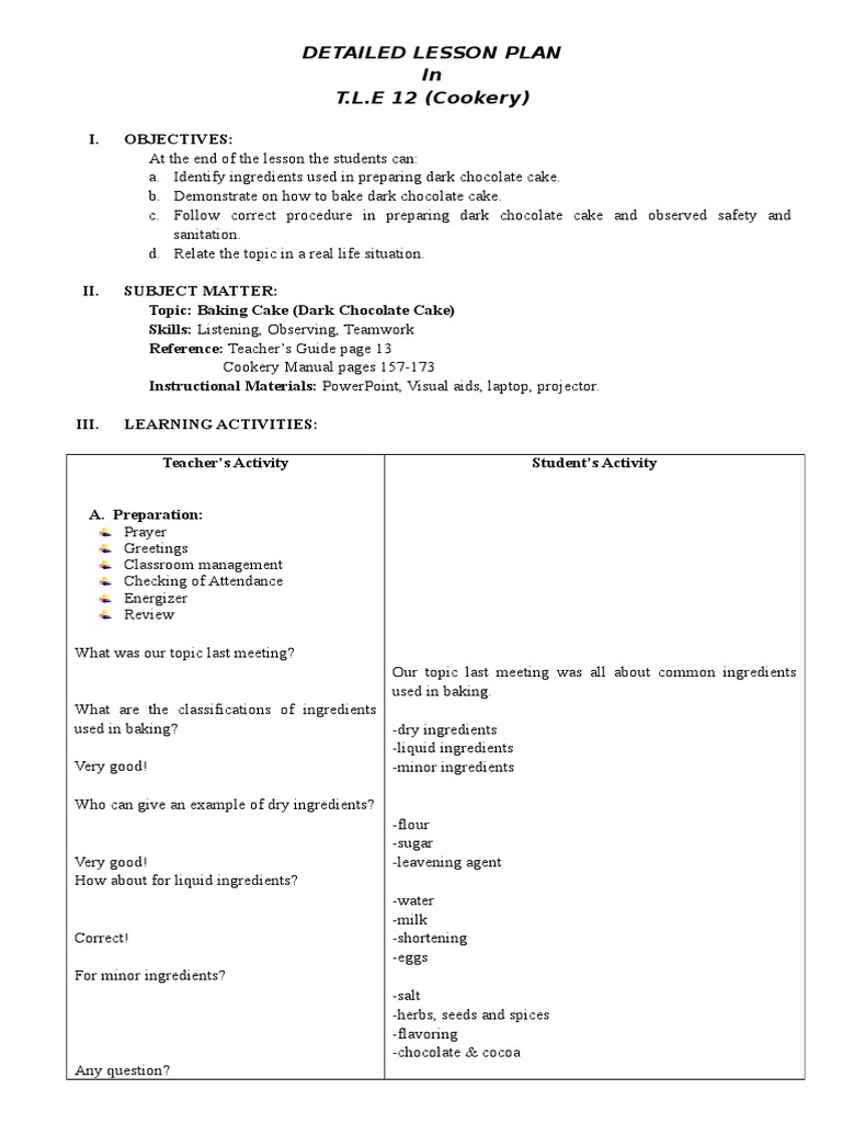 Lesson Plan in TLE Cookery | PDF | Cakes | Chocolate