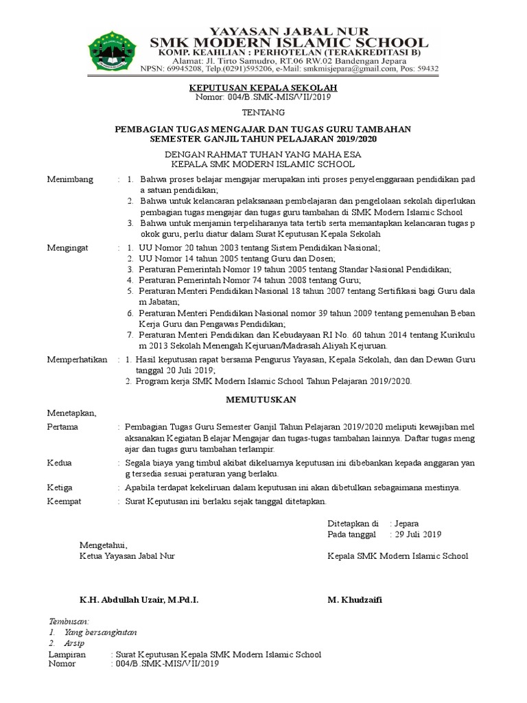 Konsep Dan Contoh SK Mengajar Guru SMK Mis 2019-2020 | PDF