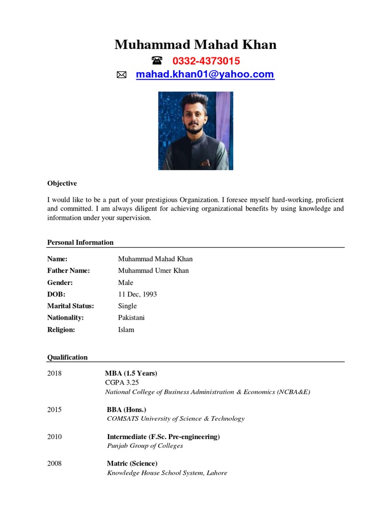 Muhammad Mahad Khan: Objective | PDF