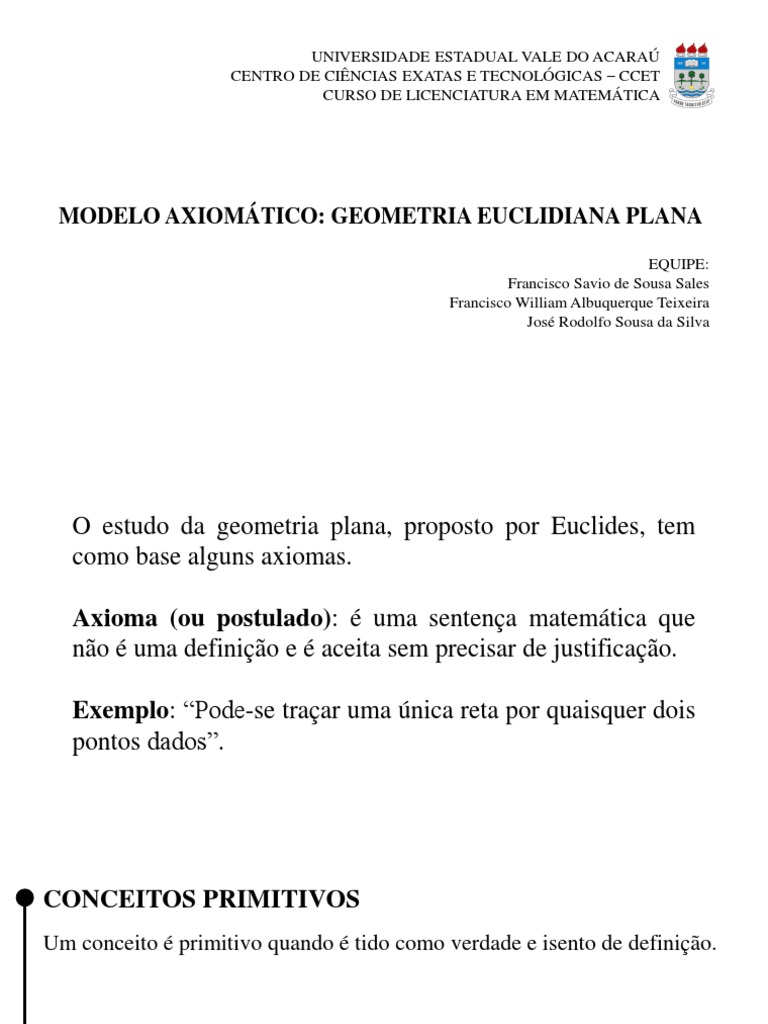Tema 7 - Modelo Axiomático - Geometria Euclidiana Plana | PDF | Ângulo | Axioma
