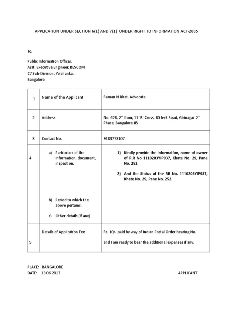 Application Under Section 6 (1) and 7 (1) Under Right To Information ...