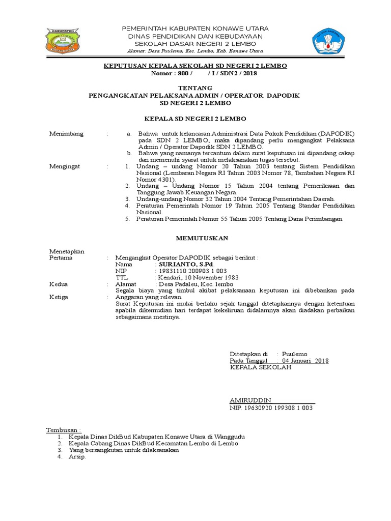 SK Pengangkatan Operator Dapodik SDN 2 | PDF