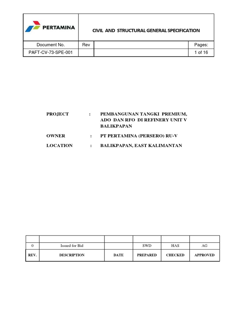 PAFT CV 73 SPE 001 Civil Structural General Specification | PDF | Specification (Technical ...