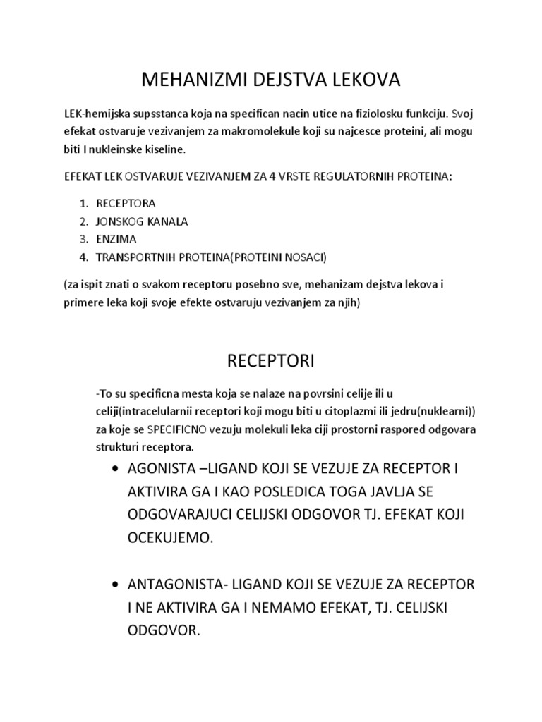 Mehanizmi Dejstva Lekova: Receptori | PDF