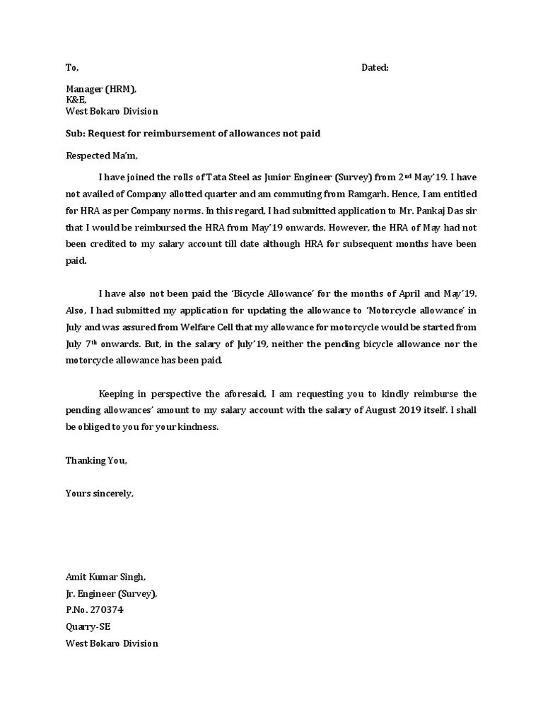 Sub: Request For Reimbursement of Allowances Not Paid | PDF