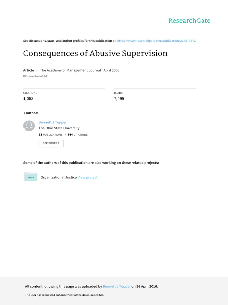 Consequences of Abusive Supervision: The Academy of Management Journal ...