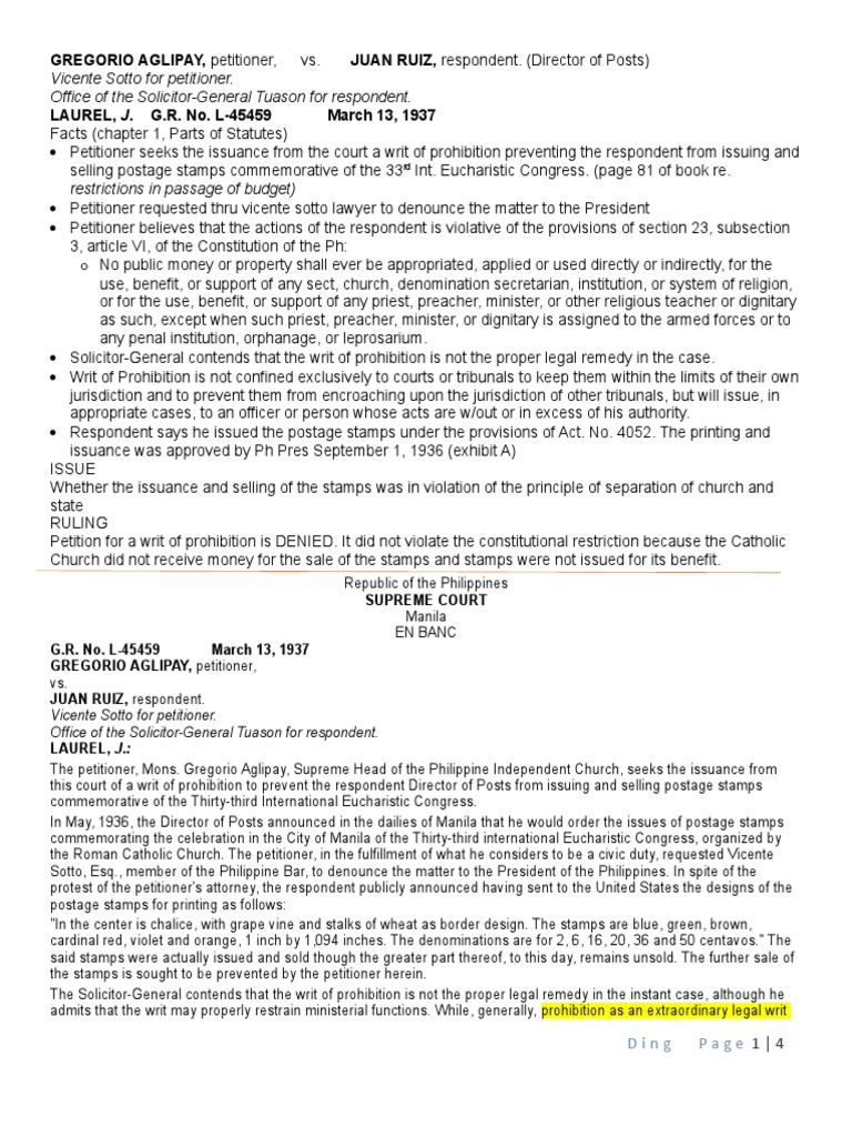 Aglipay vs. Ruiz: Writ of Prohibition Case | PDF | Jurisdiction | Writ ...