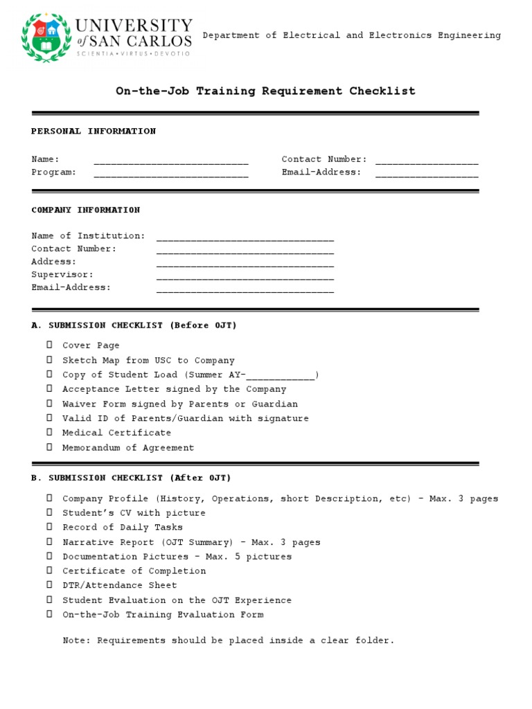 On-the-Job Training Requirement Checklist: Personal Information | PDF ...