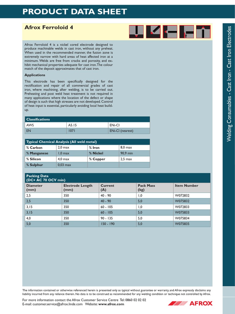 Product Data Sheet: Afrox Ferroloid 4 | PDF | Cast Iron | Welding
