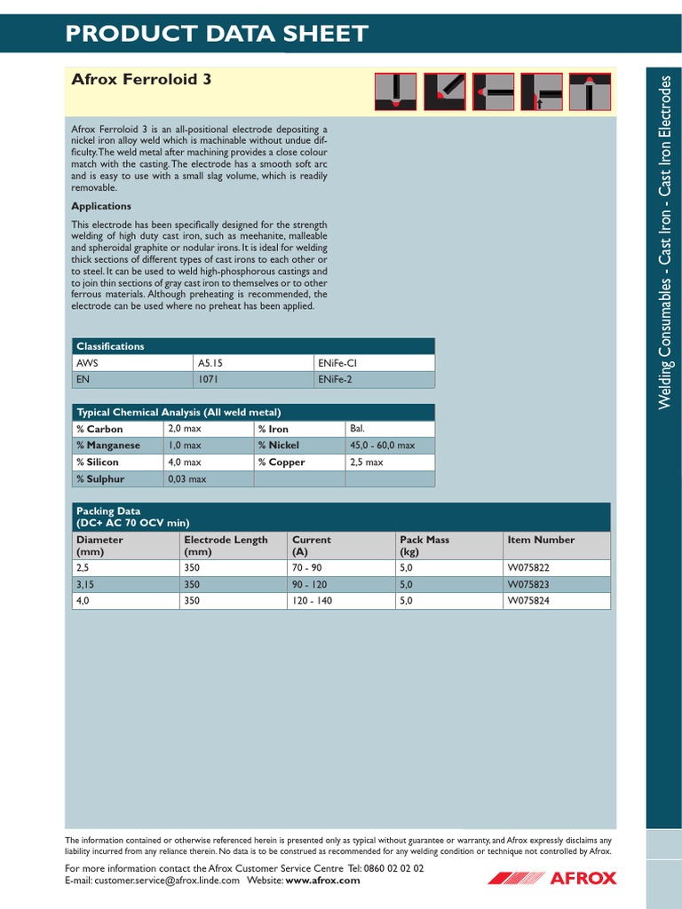 Afrox Ferroloid 3 Electrode Data Sheet | PDF | Cast Iron | Welding