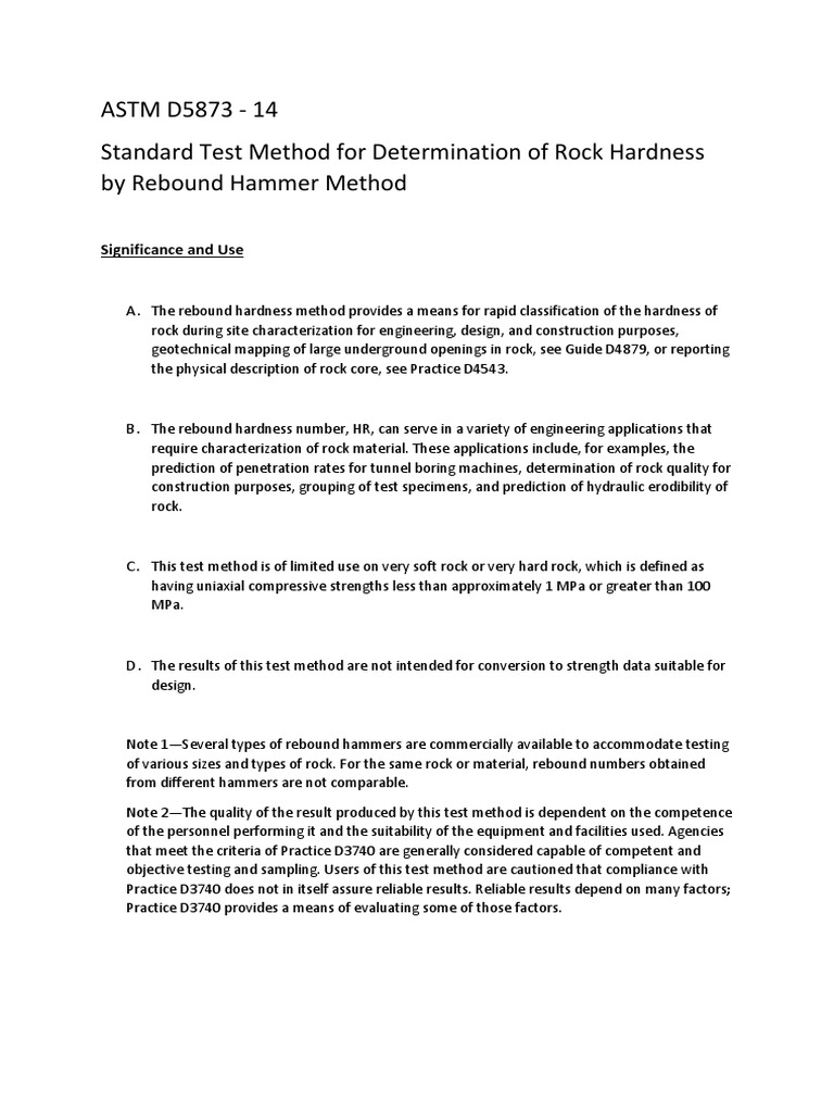 ASTM D5873 - 14 Standard Test Method For Determination of Rock Hardness ...