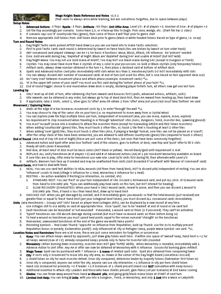 Mage Knight Gameplay Reference Guide | PDF | Gaming | Tabletop Games