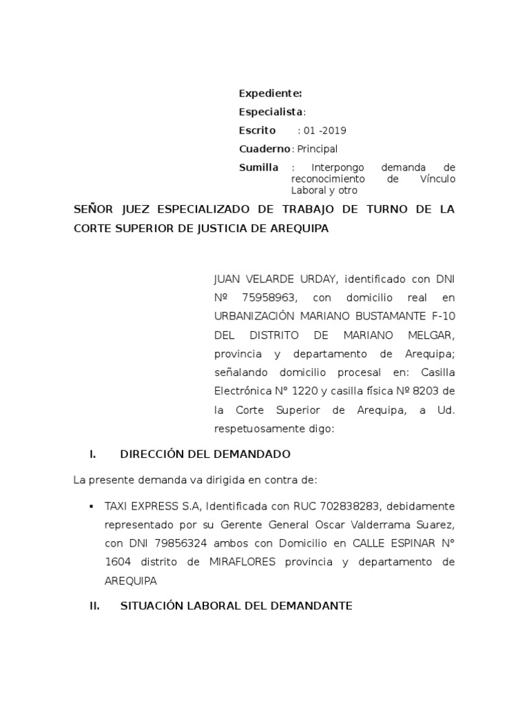 Demanda Laboral de Reconocimiento de Vínculo Laboral y Otro | PDF | Derecho laboral | Salario