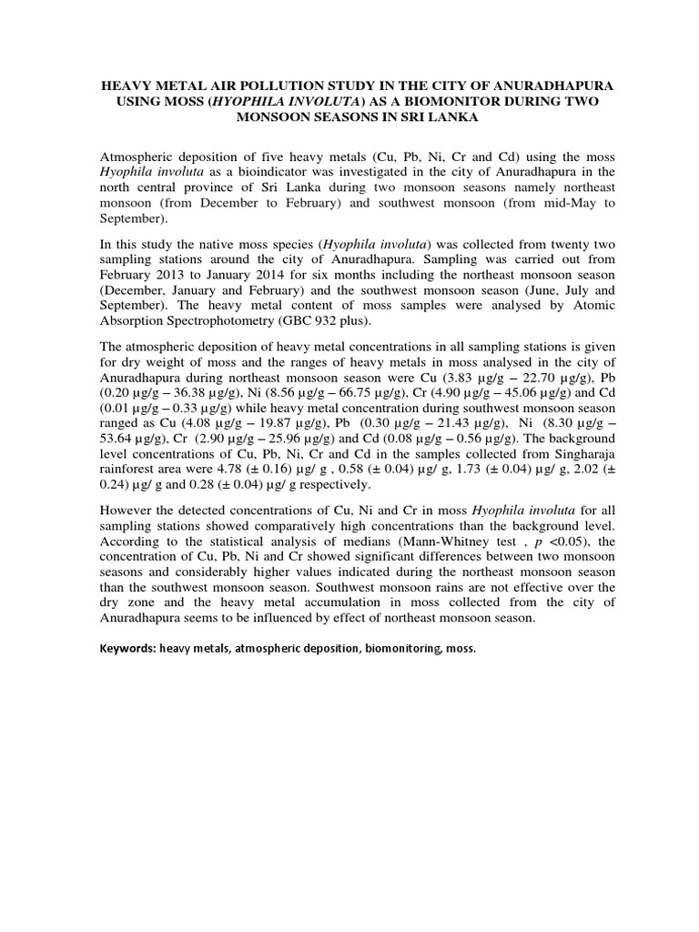 Hyophila Involuta As A Bioindicator Was Investigated in The City of ...