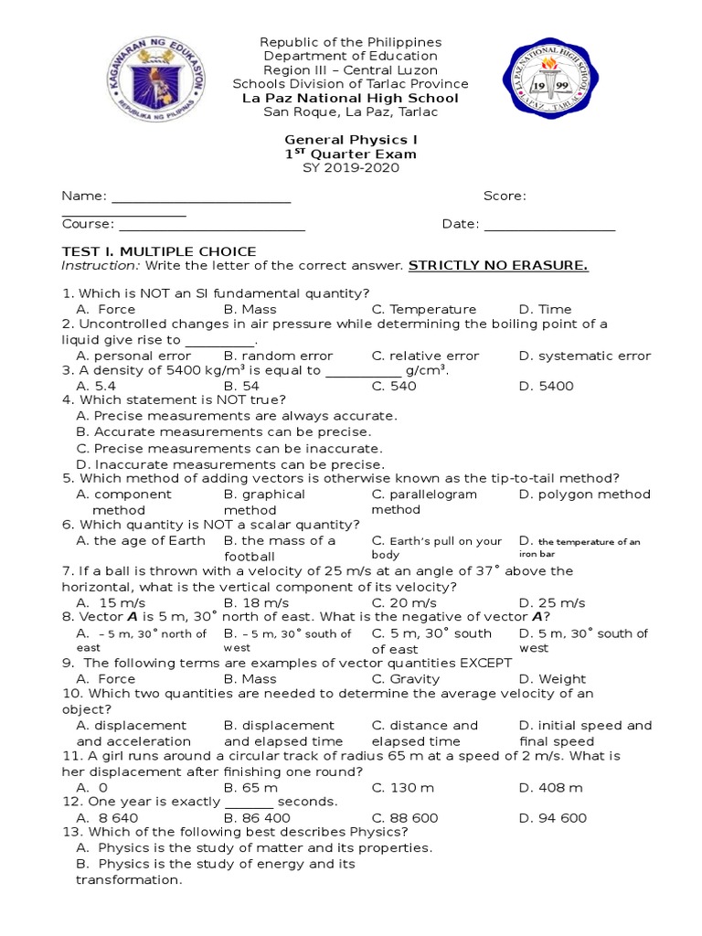 Test-Questions-Physics I | PDF | Velocity | Acceleration