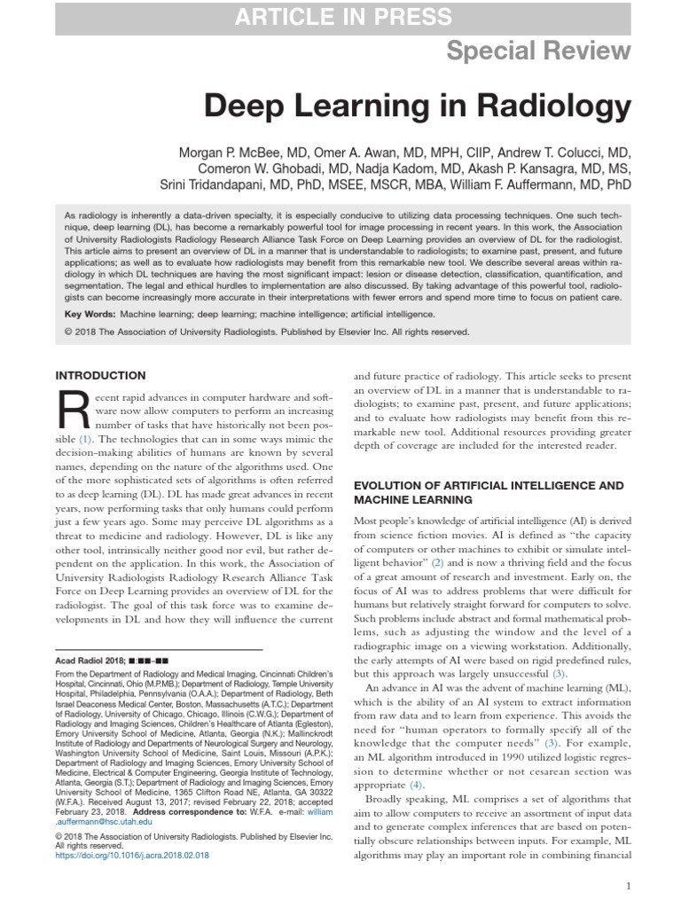 Deep Learning in Radiology 2018 | PDF | Radiology | Deep Learning