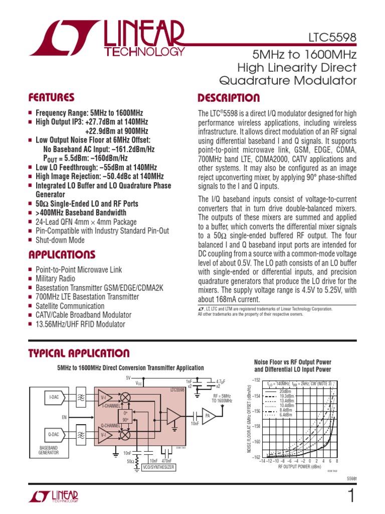 Description Features: Ltc5598 5Mhz To 1600Mhz High Linearity Direct Quadrature Modulator | PDF ...