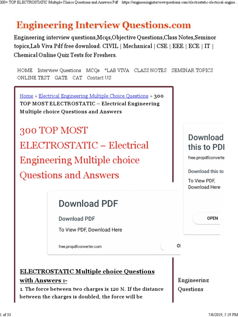 300+ Electrical Engineering MCQs on Electrostatics | PDF | Capacitor | Electric Field