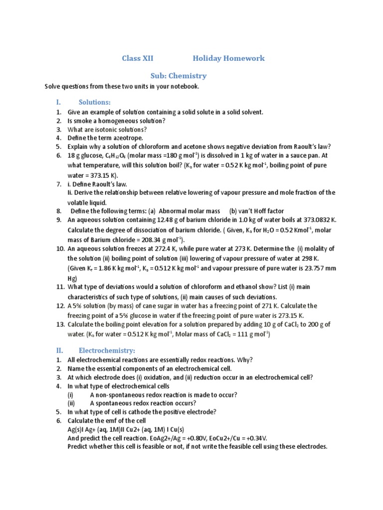 CHEMISTRY Holiday Homework - 12-1 | PDF | Electrochemistry | Redox