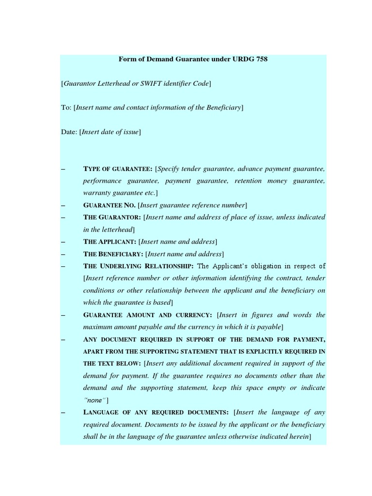 A Template for a Demand Guarantee Issued Under URDG 758 Rules | PDF ...