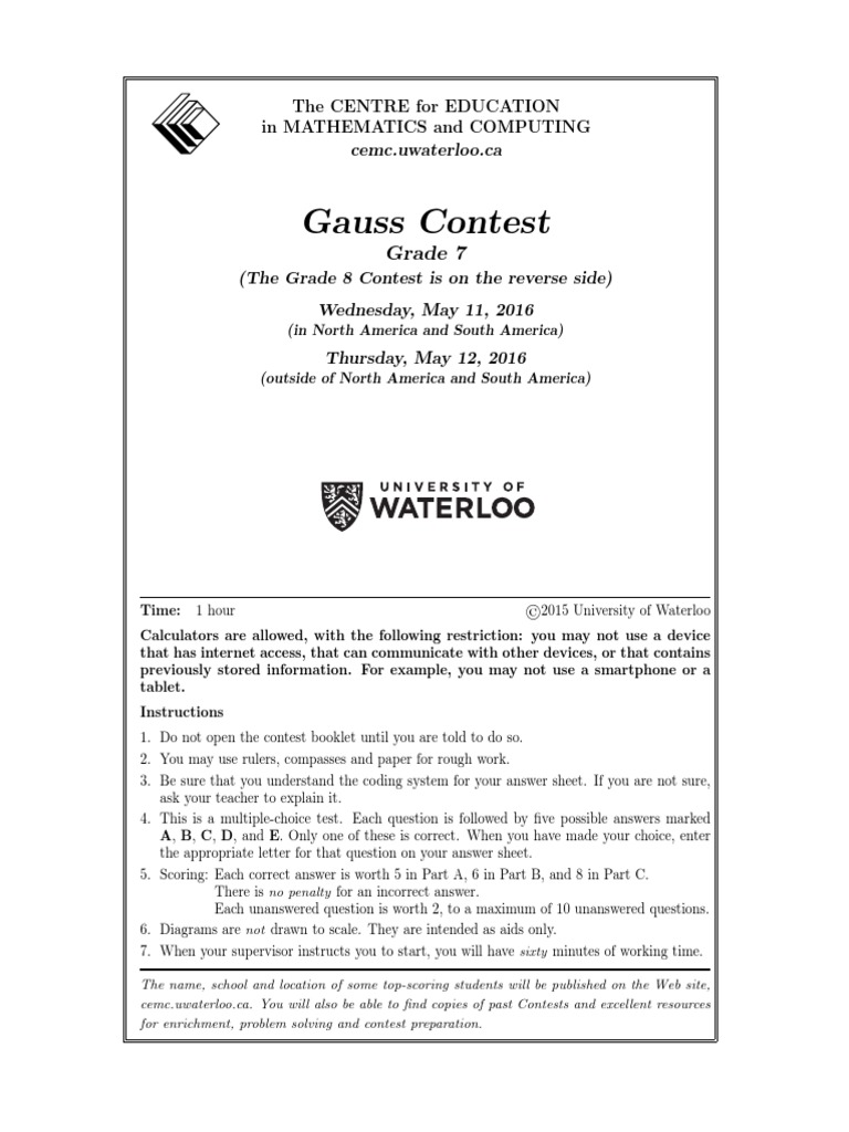 Gauss Contest: Grade 7 | Download Free PDF | Multiple Choice | Teaching ...