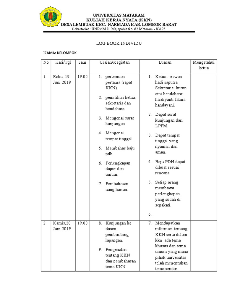 Contoh Logbook KKN Individu Mataram | PDF