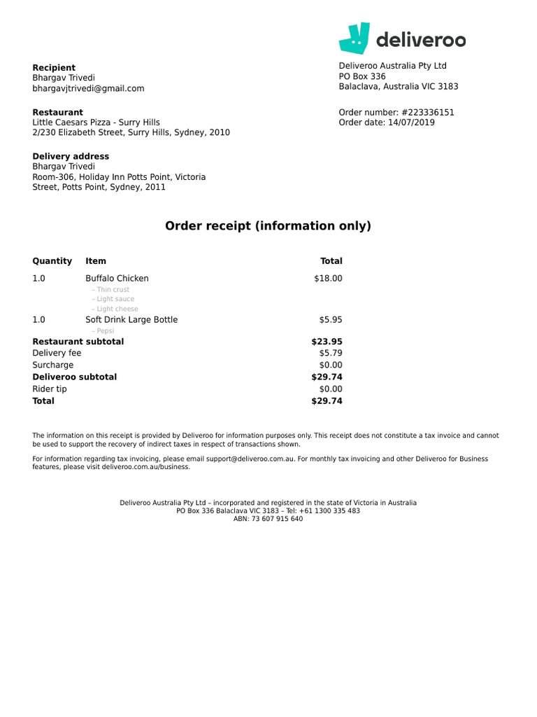 Deliveroo Customer Invoice Details | PDF | Receipt | Invoice