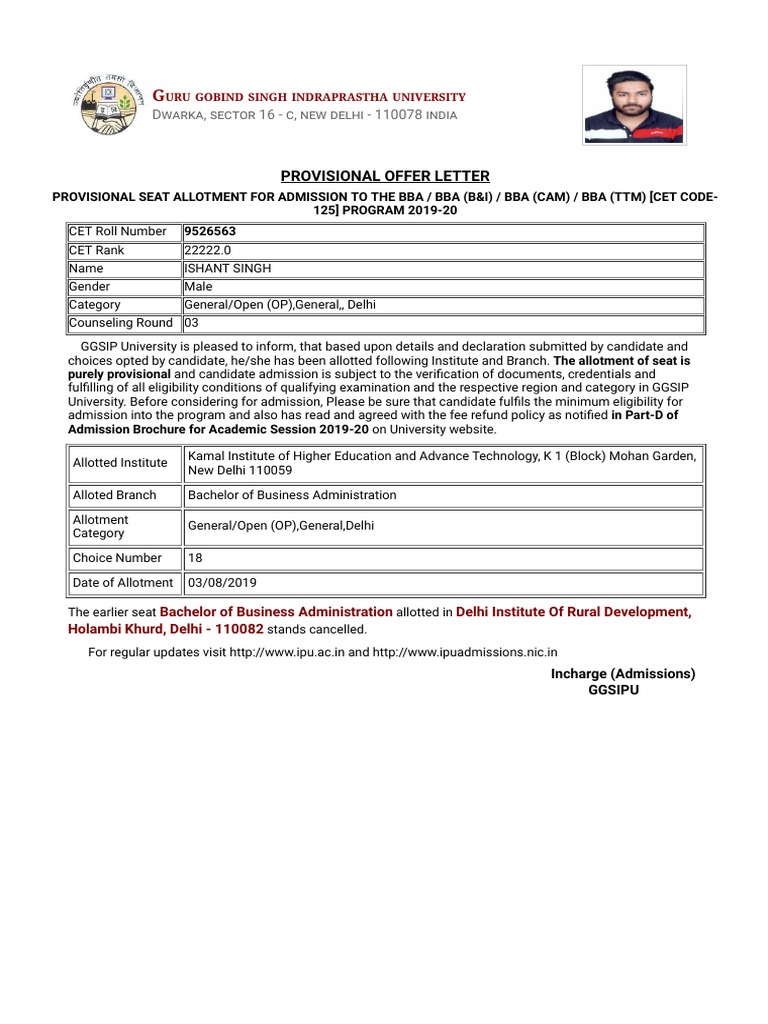Provisional Offer Letter: URU Gobind Singh Indraprastha University ...