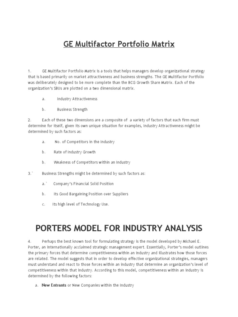 GE Multifactor Portfolio Matrix: Porters Model For Industry Analysis | PDF
