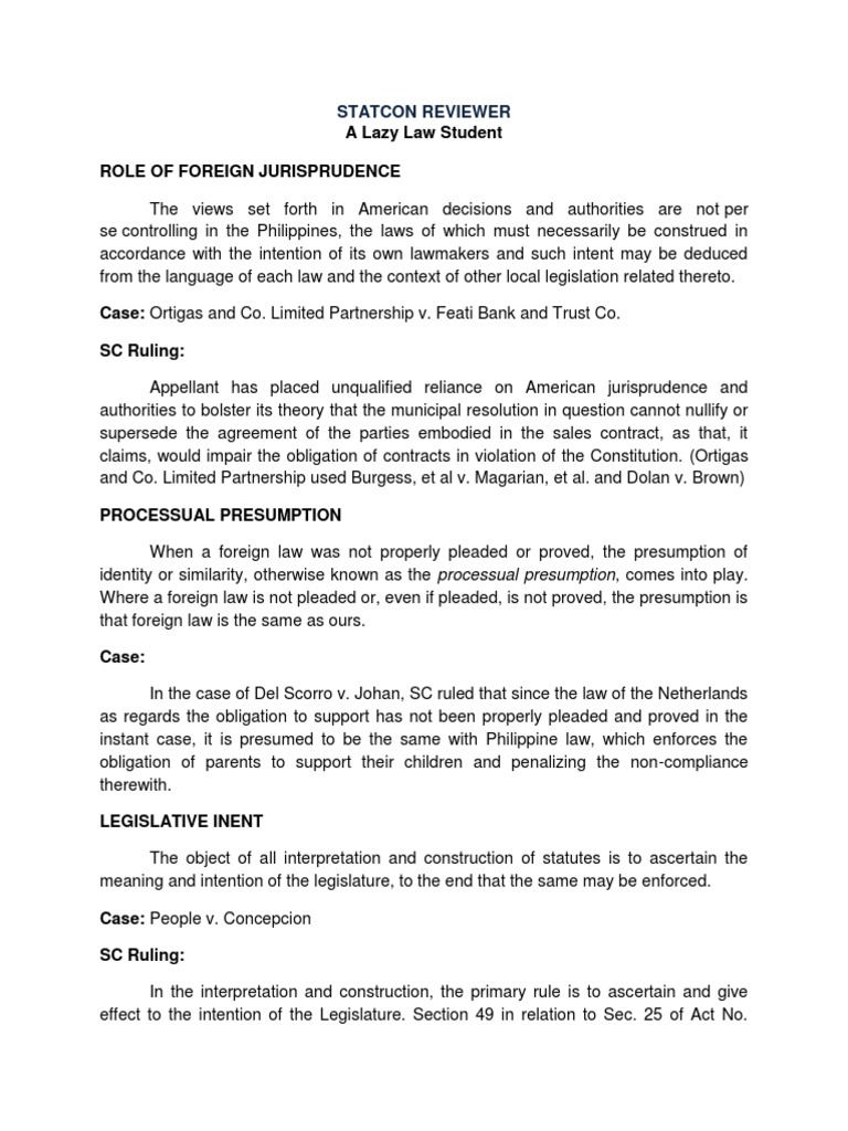 A Lazy Law Student Role of Foreign Jurisprudence: Statcon Reviewer ...