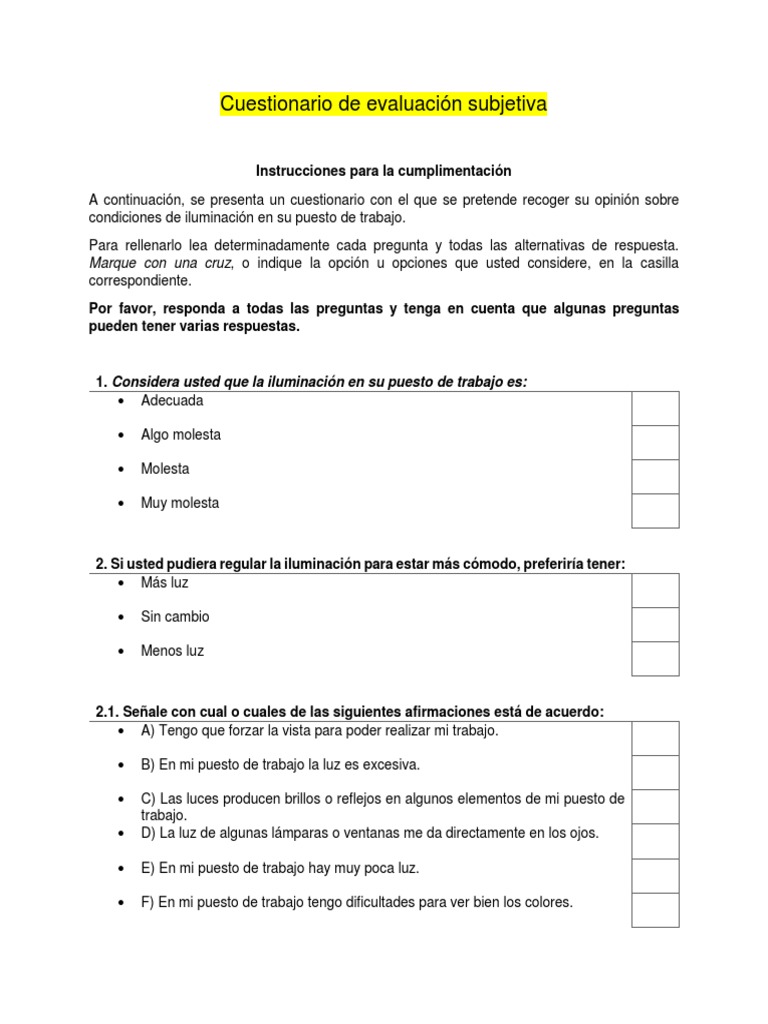 Cuestionario de Evaluación Subjetiva (Iluminación) | PDF