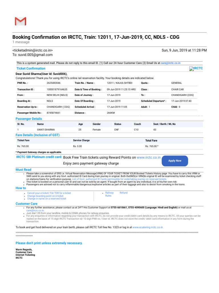 Booking Confirmation On IRCTC, Train: 12011, 17-Jun-2019, CC, NDLS ...