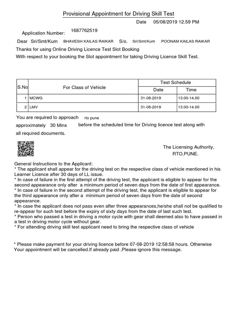Provisional Appointment For Driving Skill Test: Bhavesh Kailas Raikar ...