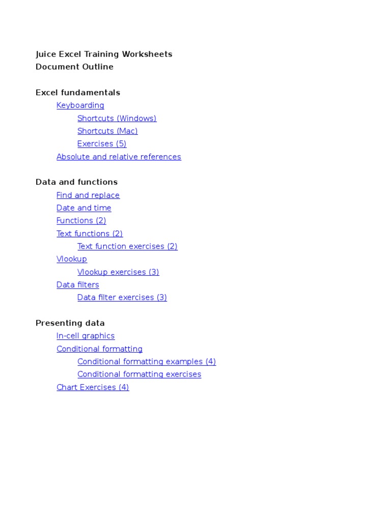 Juice Excel Training Worksheets Document Outline Excel Fundamentals ...