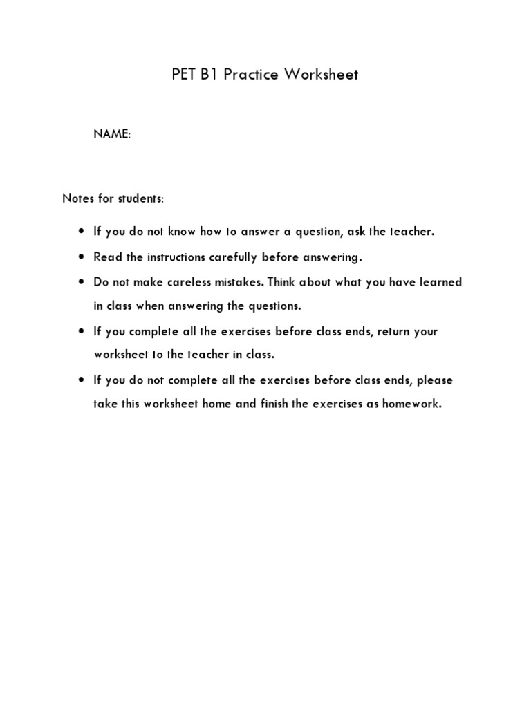 Cambridge PET B1 Assorted Exercises Worksheet | PDF | Question | Verb