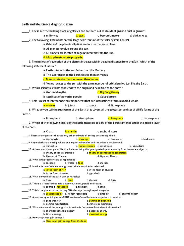 Earth and Life Science Diagnostic Exam | PDF | Rock (Geology) | Earth