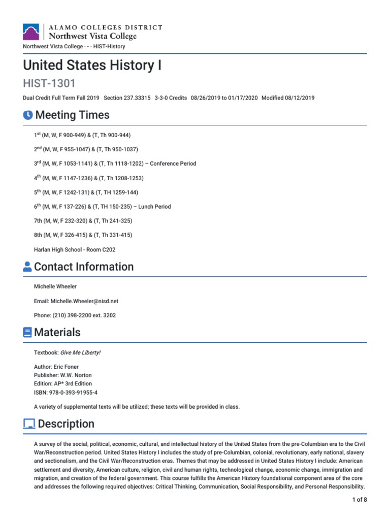 United States History I Hist 1301 Dual Credit Full Term Fall 2019 | PDF ...