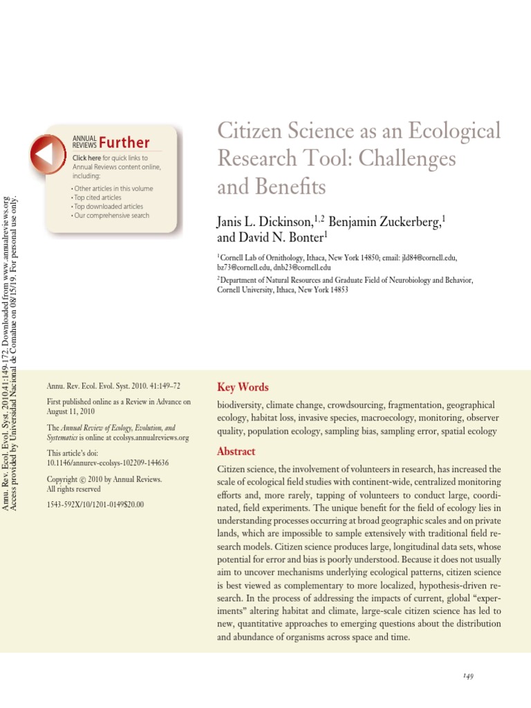 Citizen Science As An Ecological Research Tool: Challenges and Benefits ...