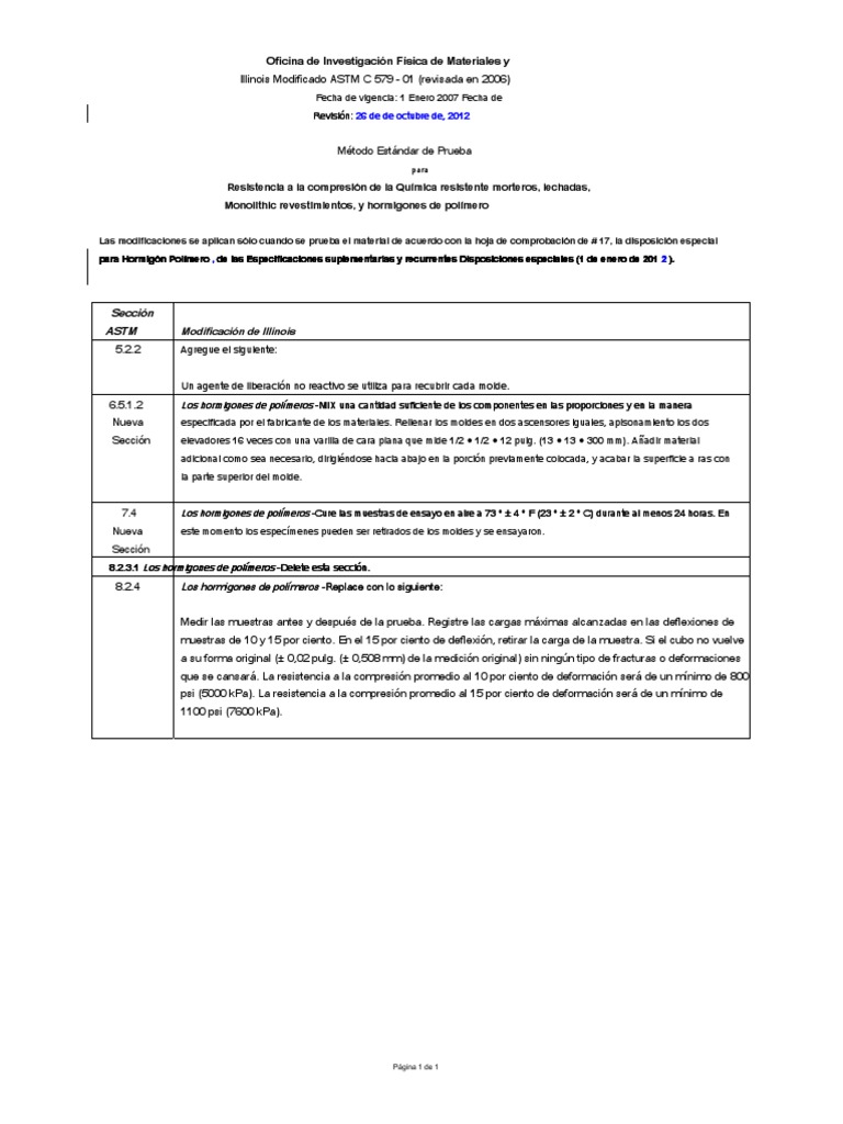 Modificación ASTM C579 para Hormigón Polímero | PDF | Hormigón | Química
