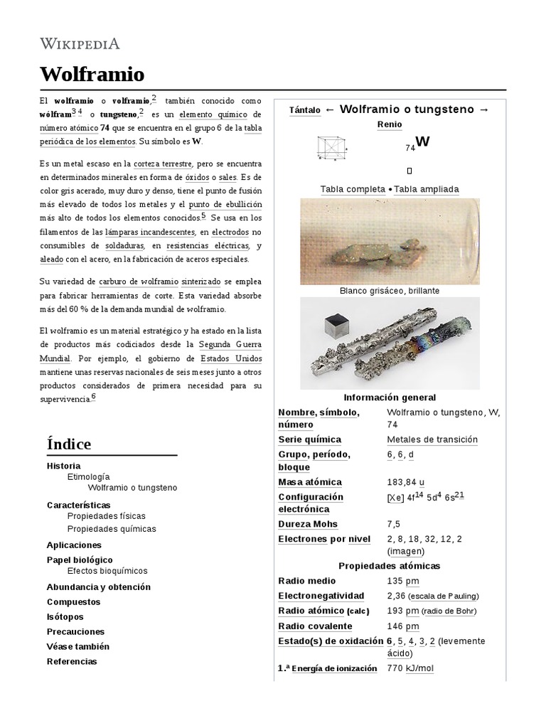 Wolframio | PDF | Tungsteno | Conjuntos de elementos químicos