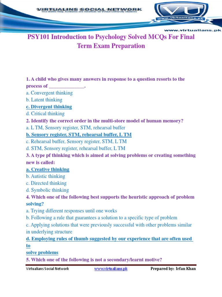 Psy101 Introduction To Psychology Solved Mcqs For Final Term Exam ...
