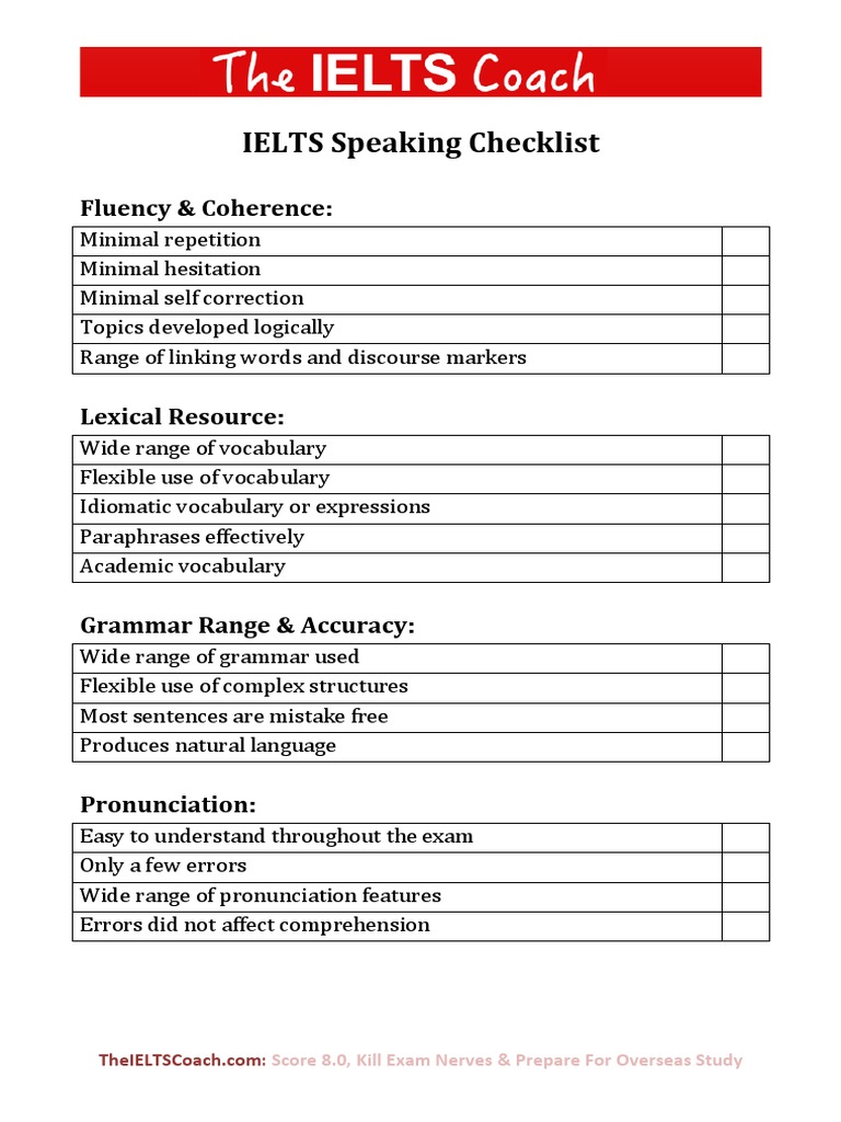 IELTS Speaking Checklist: Fluency & Coherence | PDF | Fluency | Vocabulary