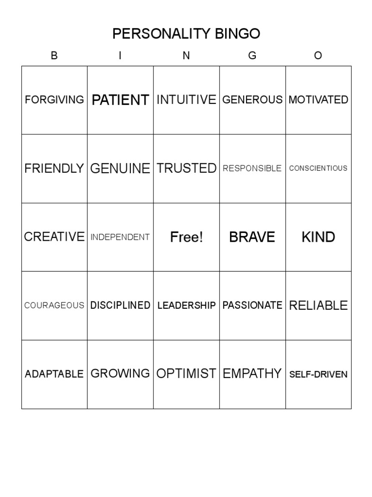 Personality Bingo | PDF | Psychology | Action (Philosophy)