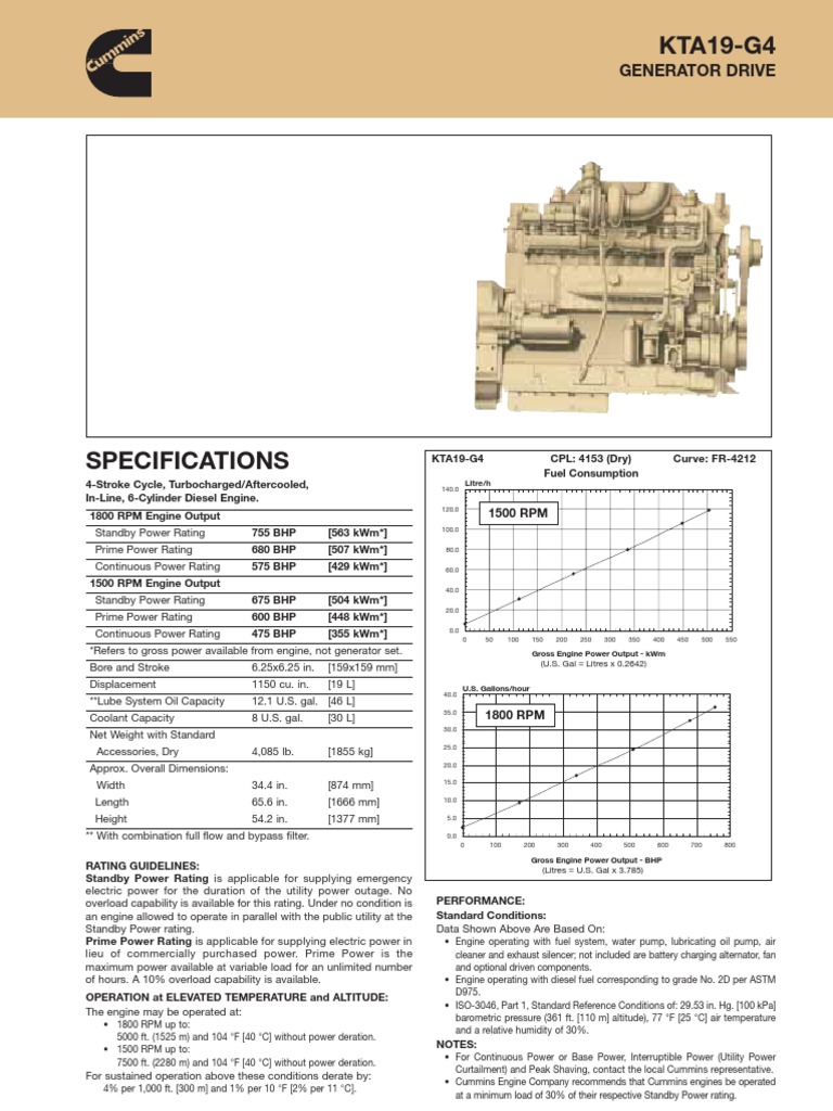 KTA19 G4 Generator Specsheet PDF | PDF | Piston | Turbocharger