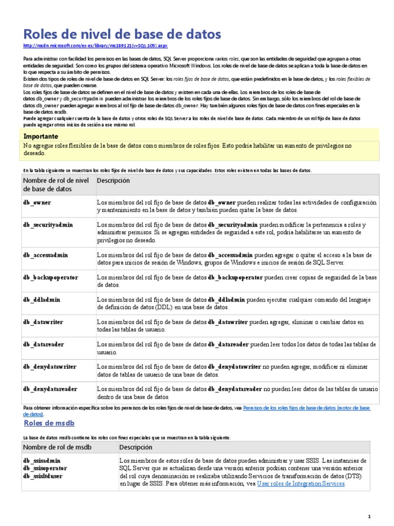 Roles de Nivel de Base de Datos | Descargar gratis PDF | Servidor SQL de Microsoft | Tabla (base ...