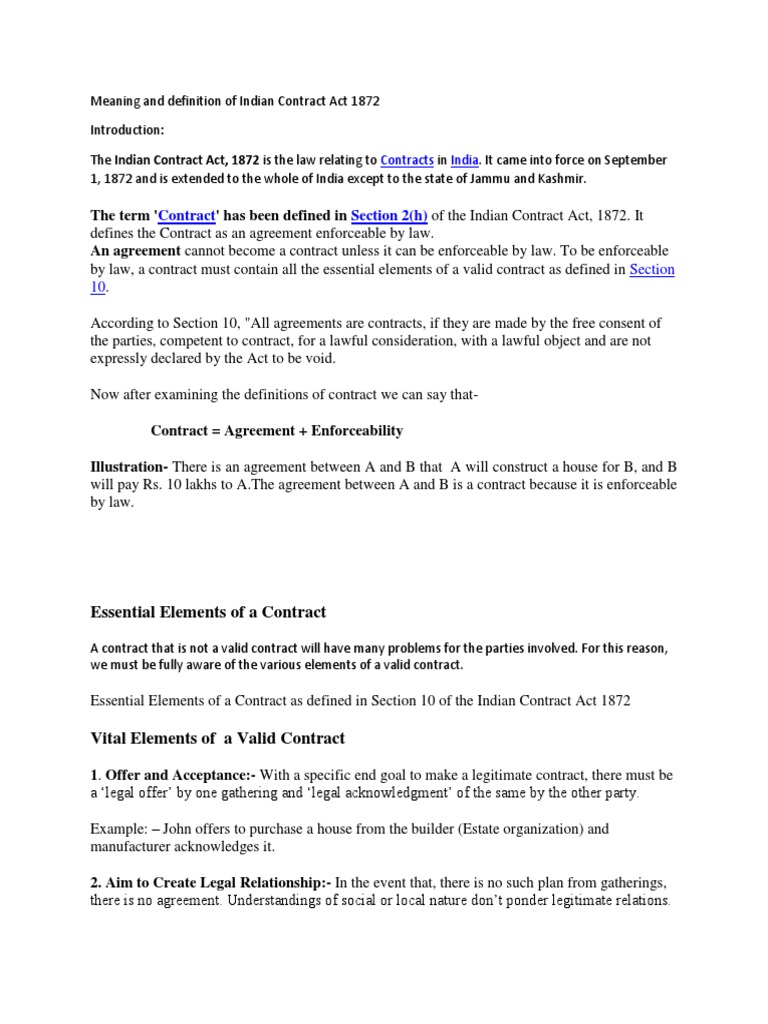 Meaning and Definition of Indian Contract Act 1872 | PDF | Offer And ...