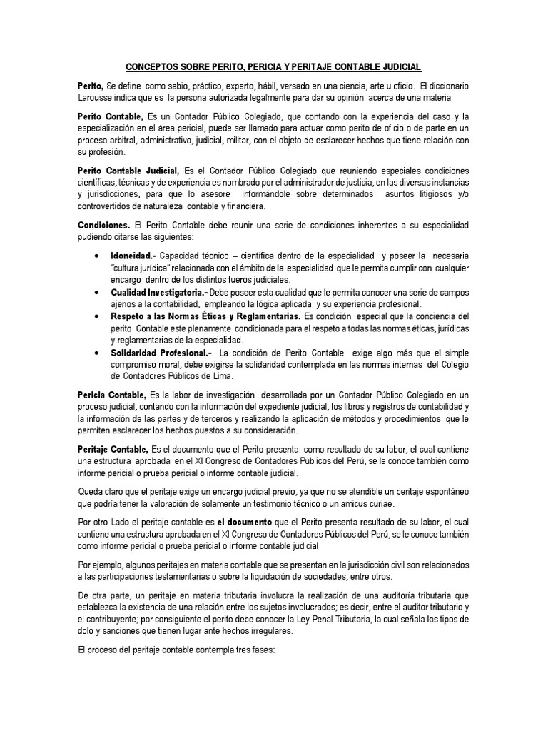 Conceptos Sobre Perito Pericia y Peritaj | PDF | Testigo experto | Contador