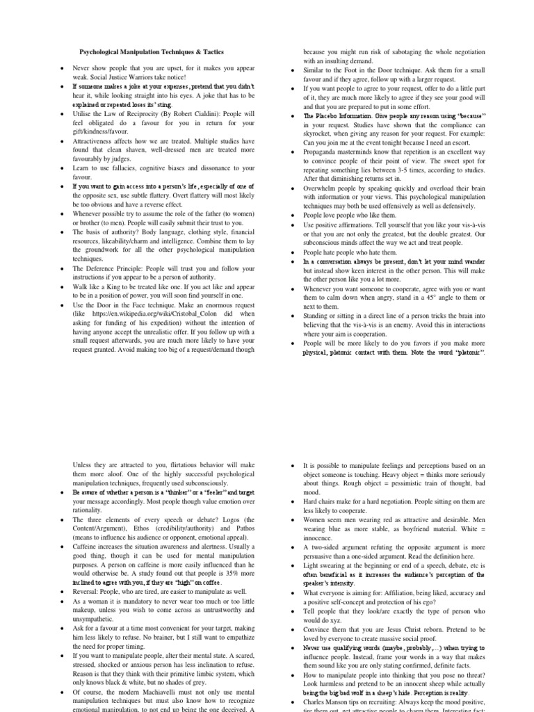 Psychological Manipulation Tactics Guide | PDF | Persuasion | Negotiation
