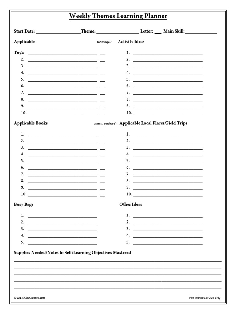 Weekly Themes Learning Planner: Theme: Start Date: Applicable Toys ...