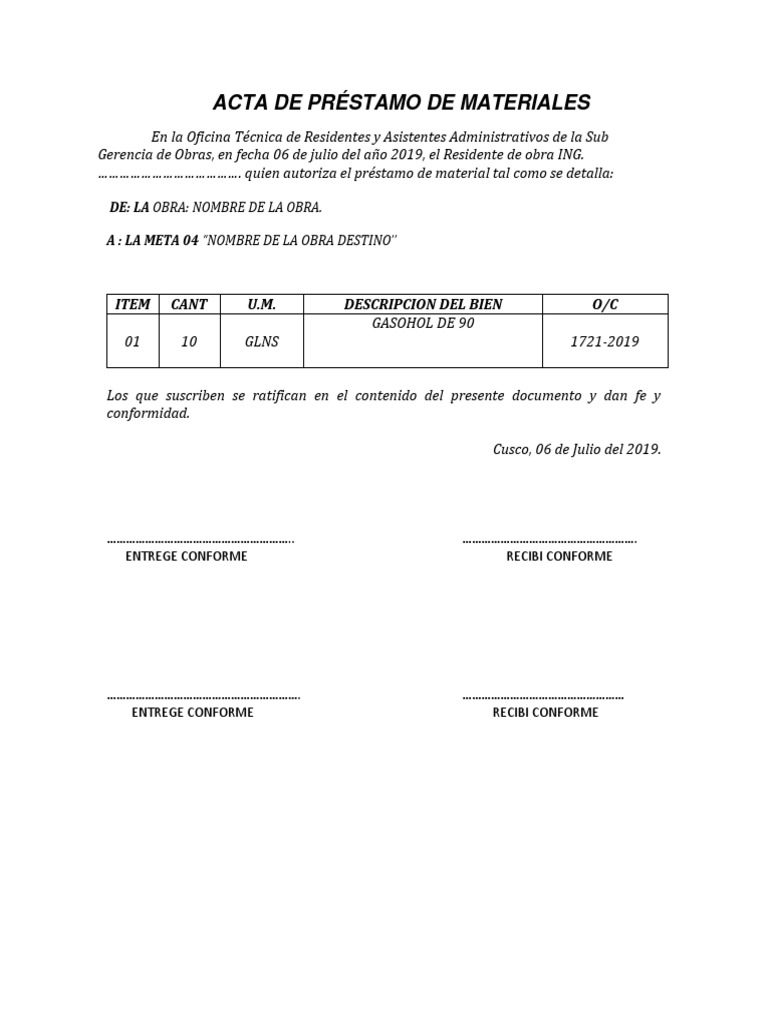 Acta de Préstamo de Materiales | PDF